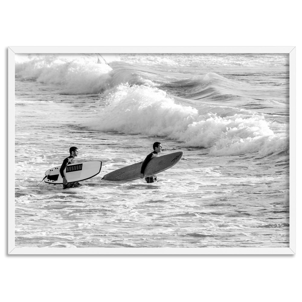 B&W Ocean Surfers Poster. Catching Waves Into the Surf Art – Print and ...